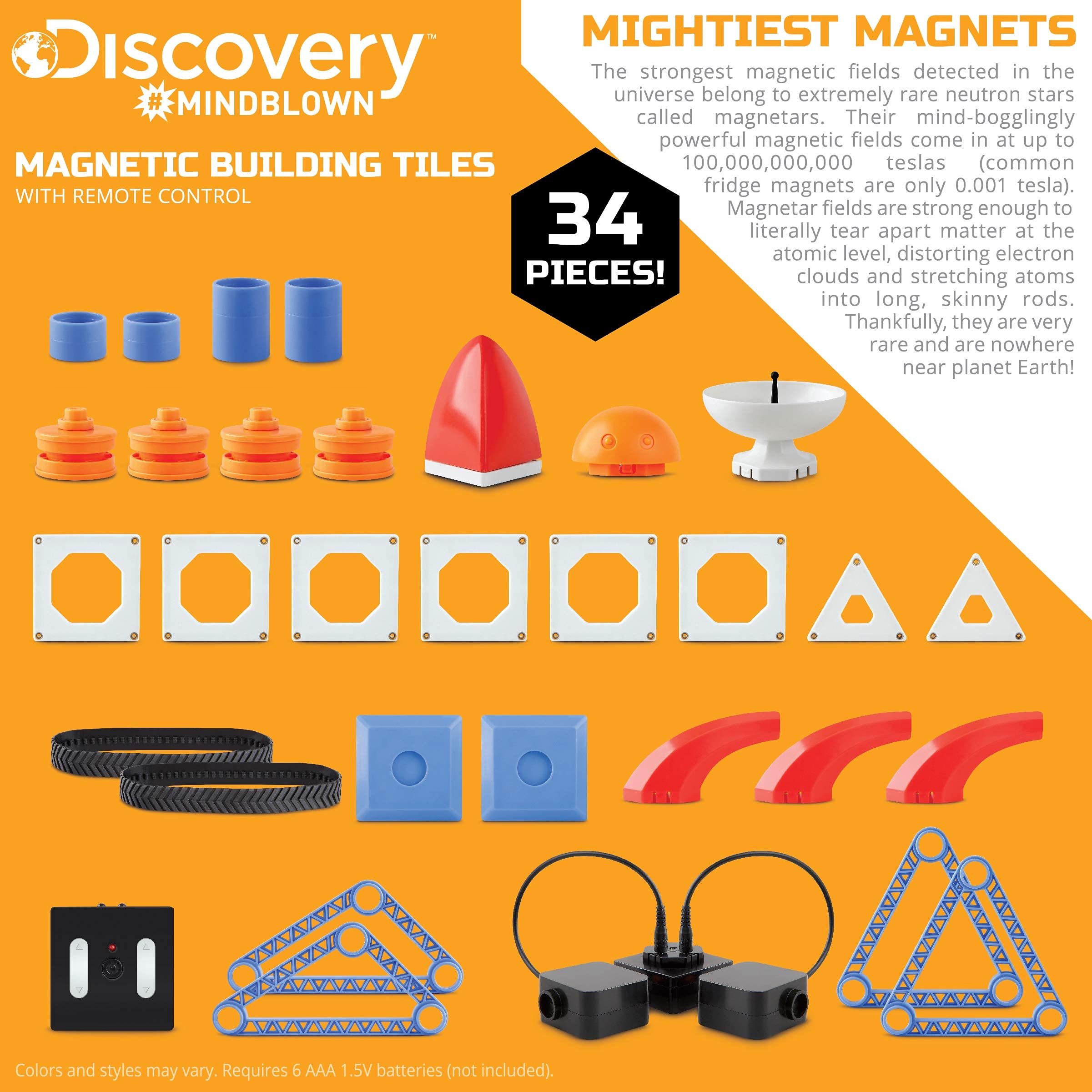 Discovery #MINDBLOWN Customizable Magnetic Building Tiles with Remote Control, 34-Piece Play Set, Build 3 Intergalactic Models, Includes 2 Powered Motors, STEM Toy for Boys and Girls