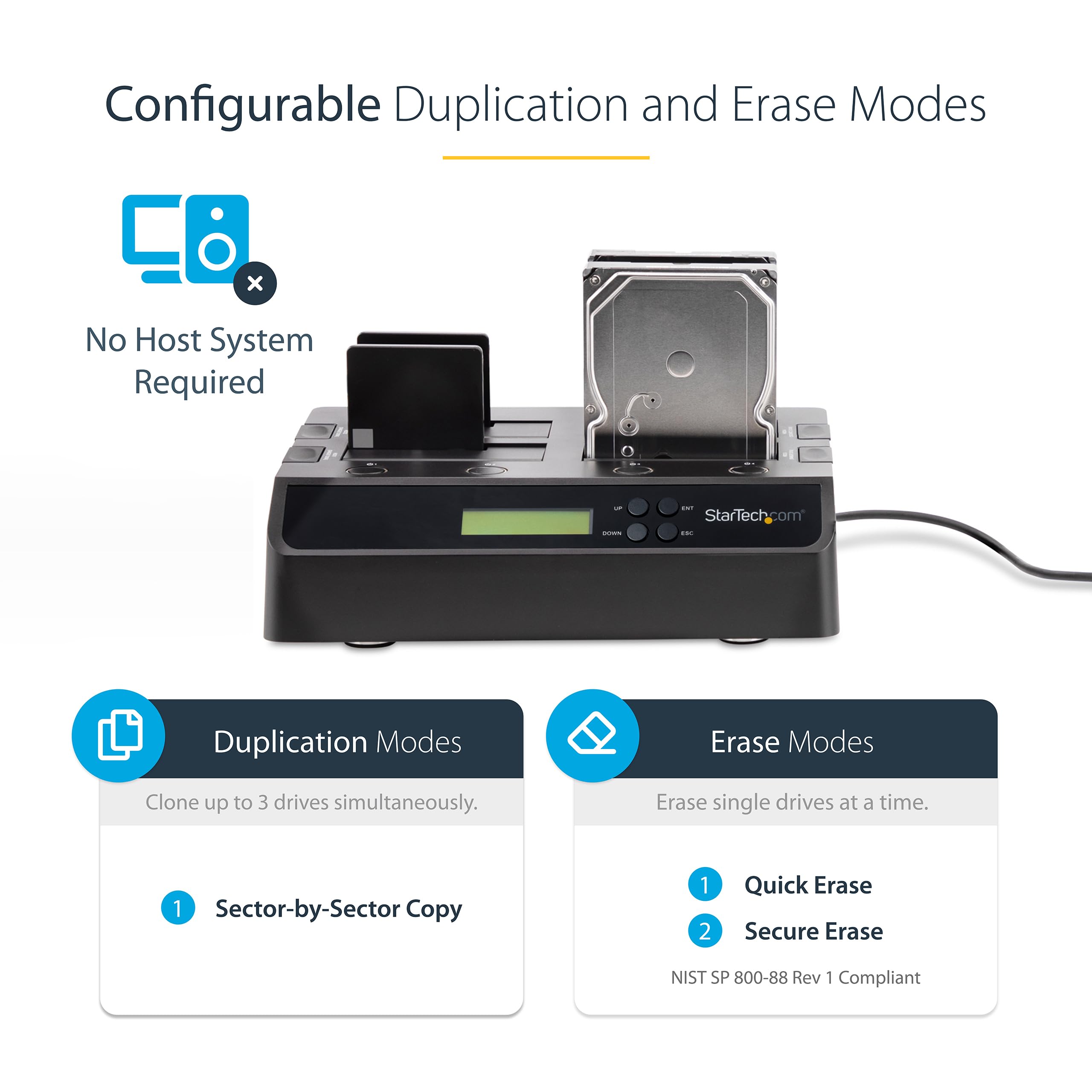 StarTech.com Dual Bay Hard Drive Duplicator and Eraser, External Standalone HDD/SSD Cloner / Copier, USB 3.0 to SATA Docking Station, Hard Disk Copier / Sanitizer / Wiper Tool (SATDOCK2REU3),Black