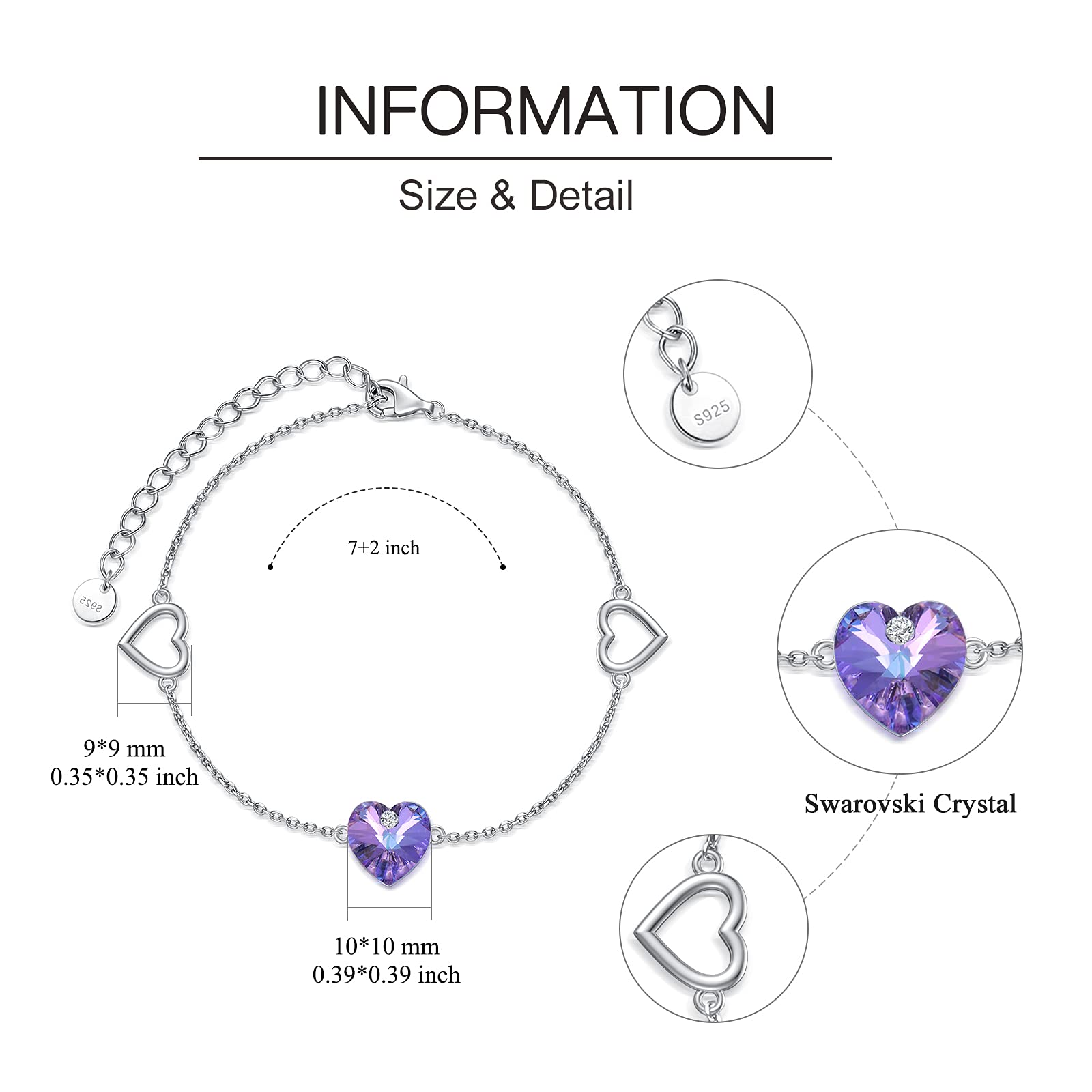 Amethyst Bracelet Sterling Silver Heart Purple Crystal Bracelet for Women,7+2 inch