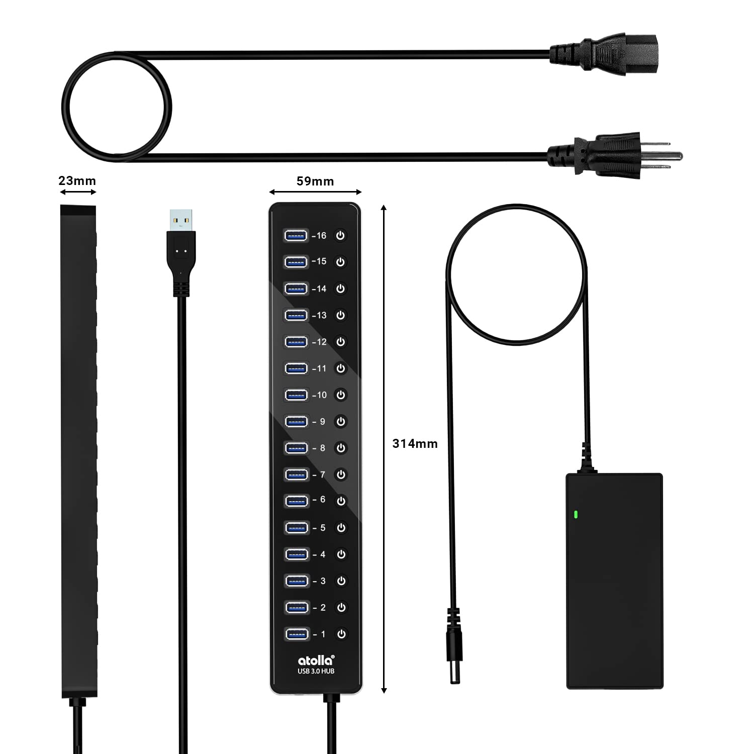 atolla USB Hub 3.0 Powered, 16 Ports USB Data Hub Splitter with Individual ON/Off Switches and 12V/6A Power Adapter, 5Gbps High Speed, USB Extension for Laptop, PC, Mobile HDD, Flash Drive
