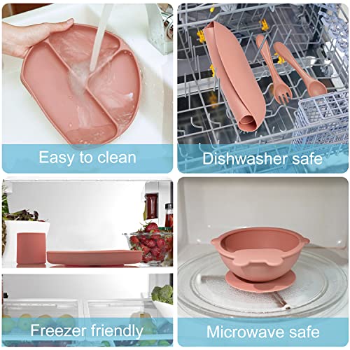 COTTONBEBE Baby Silicone Feeding Set, Toddler Plates and Bowls Sets, Self Feeding Spoon Fork Bib Cup, Divided Baby Led Weaning Supplies, First Stage Solid Food Infant Utensils, Fresh Pink