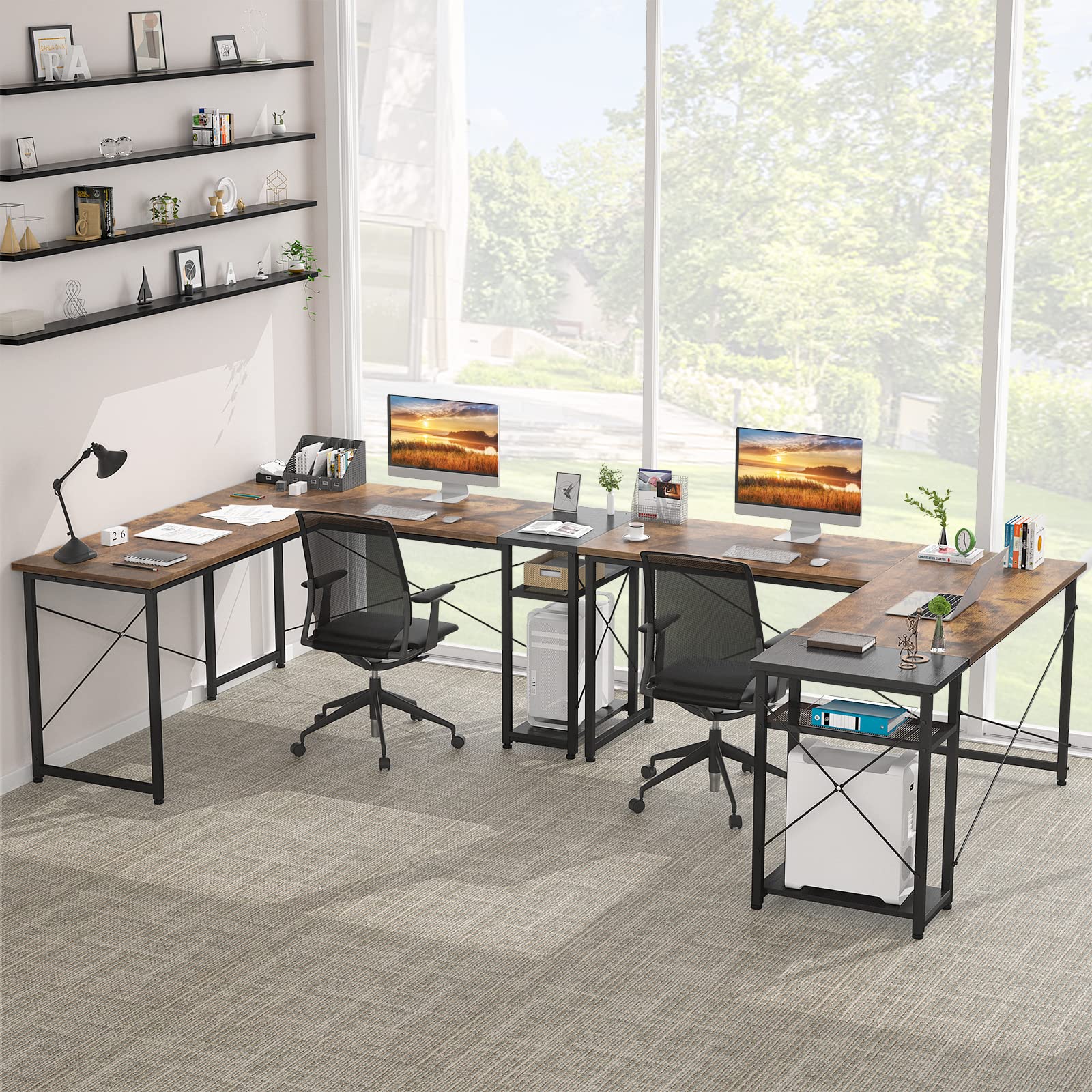 Ecoprsio L-Shaped Desk Large L Shaped Gaming Desk with Storage Shelves Industrial Corner Desk Writing Study Table for Home Office Gaming Workstation, Rustic Brown and Black