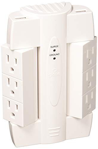 Globe Electric 7791301 6-Outlet Swivel Space Saving 2 USB Port Surge Protector Wall Tap, Android, iPad, iPhone, iPod Compatible, 2100 Joules, 2.1 AMP Charge, White, Multi Plug Outlet, Power Outlet