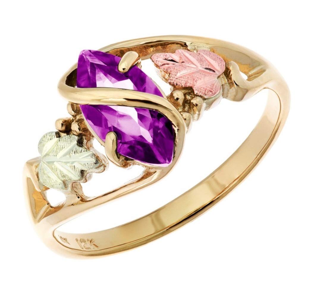 Amethyst Marquise Petite Leaf Ring, 10k Yellow Gold, 12k Green and Rose Gold Black Hills Gold Motif, Size 10.75