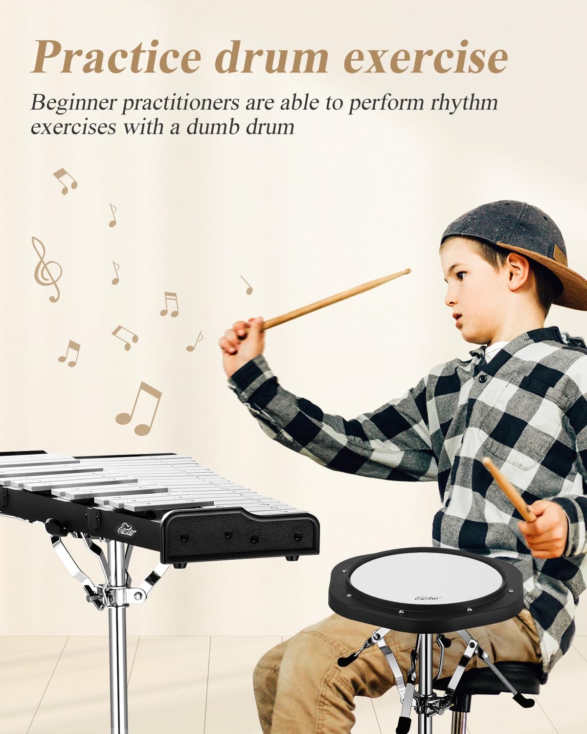 Eastar Professional 32 Note Glockenspiel Xylophone Bell Kit Percussion Kit with 8 Inch Drum Practice Pad, Stand, Glockenspiel Stick, Drum Sticks and Carrying Bag