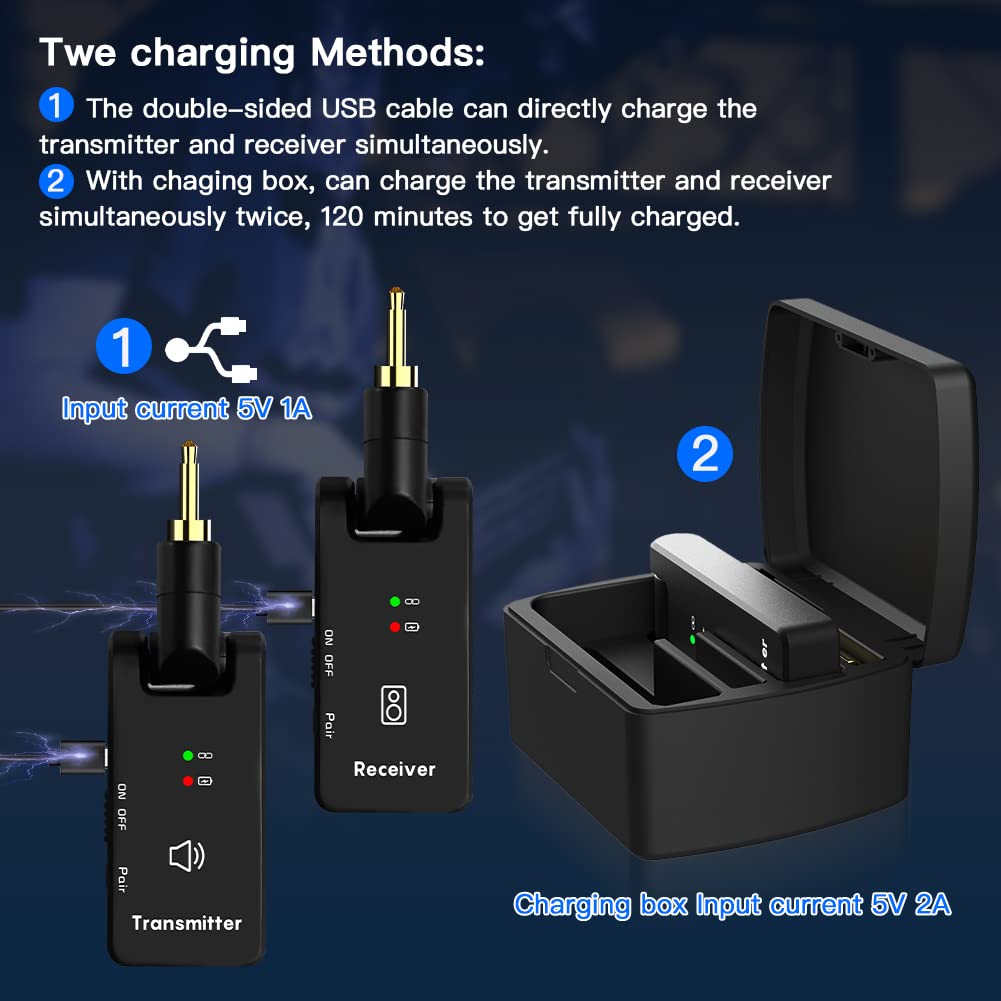 AITONE Wireless Guitar System 2.4Ghz Transmitter Receiver 4 Channels with Audio Adapter and Recharging Case for Guitar Bass Active & Passive Pickups Music Instruments