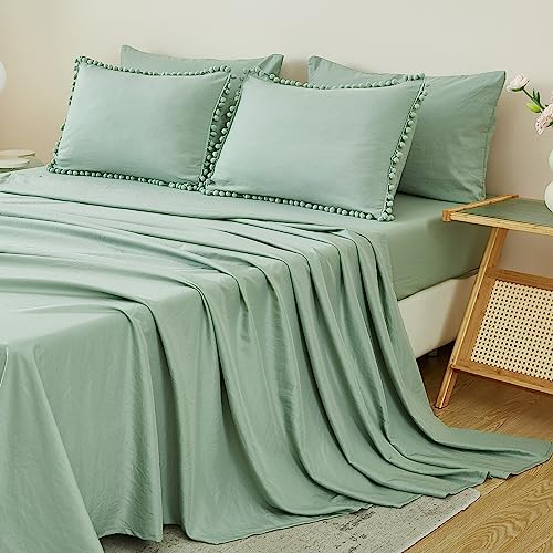 Litanika Queen Comforter Set Sage Green, Bed in a Bag 7 Pieces Pom Pom Fringe Comforter, Aesthetic Boho Bedding Set with Comforter, Sheet, Pillowcases & Shams