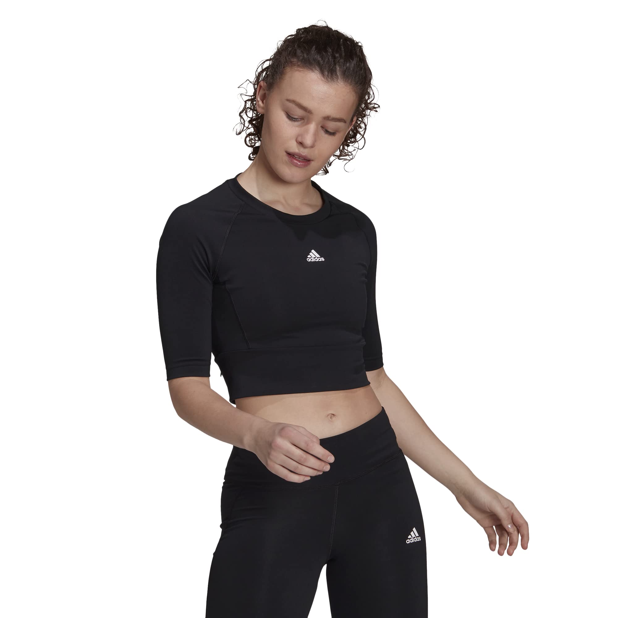 adidas Women's Sportphoria Short Sleeve Crop AEROREADY, Wild Pink/White, Large