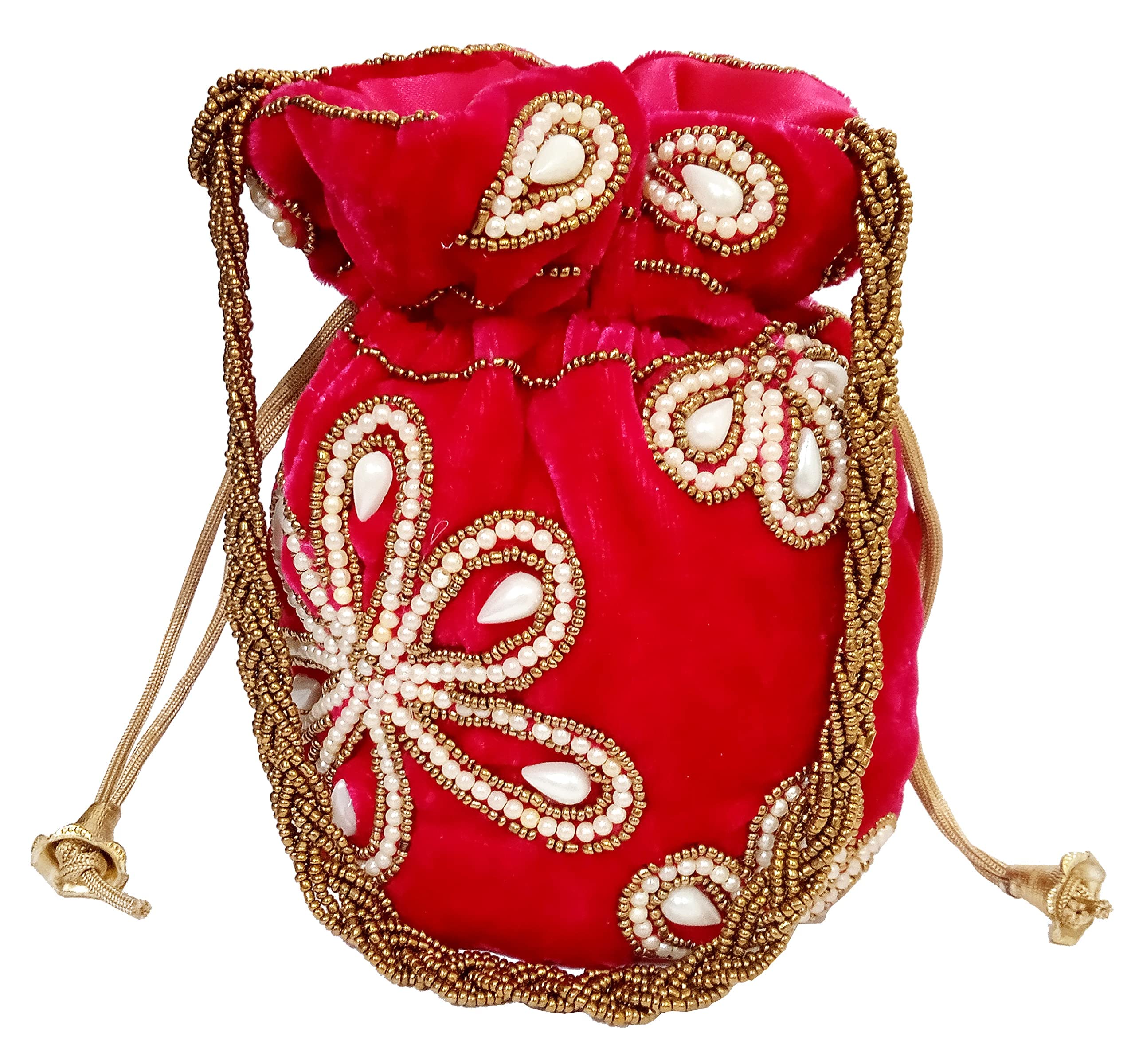 Purpledip Chenille Potli Bag (Clutch, Drawstring Purse): Intricate Bead Work Satchel Handbag, Pink (12396D)