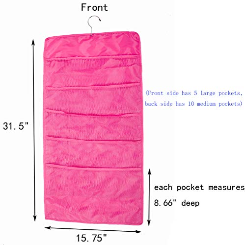 Amborido Dual Side Clothing Hanging Shelves 15 Mesh Pockets Closet Storage Organizer with Metal Hanger Rosy