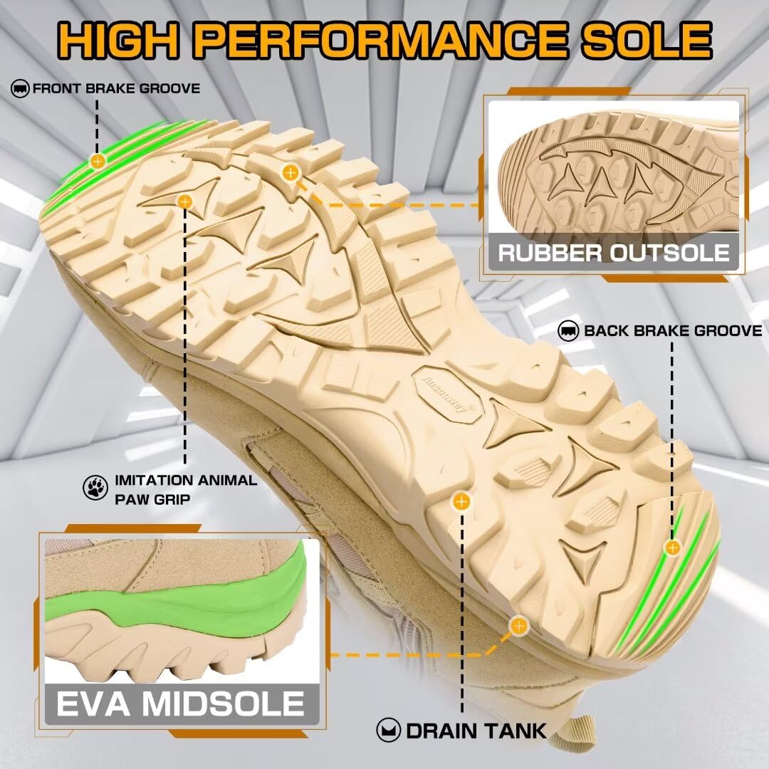 Ansbowey Mens 6" YKK Side Zip Hiking Boots Outdoor Trekking Backpacking Boot Mid Top Hiker Boot for Men Brown Sand 13 US