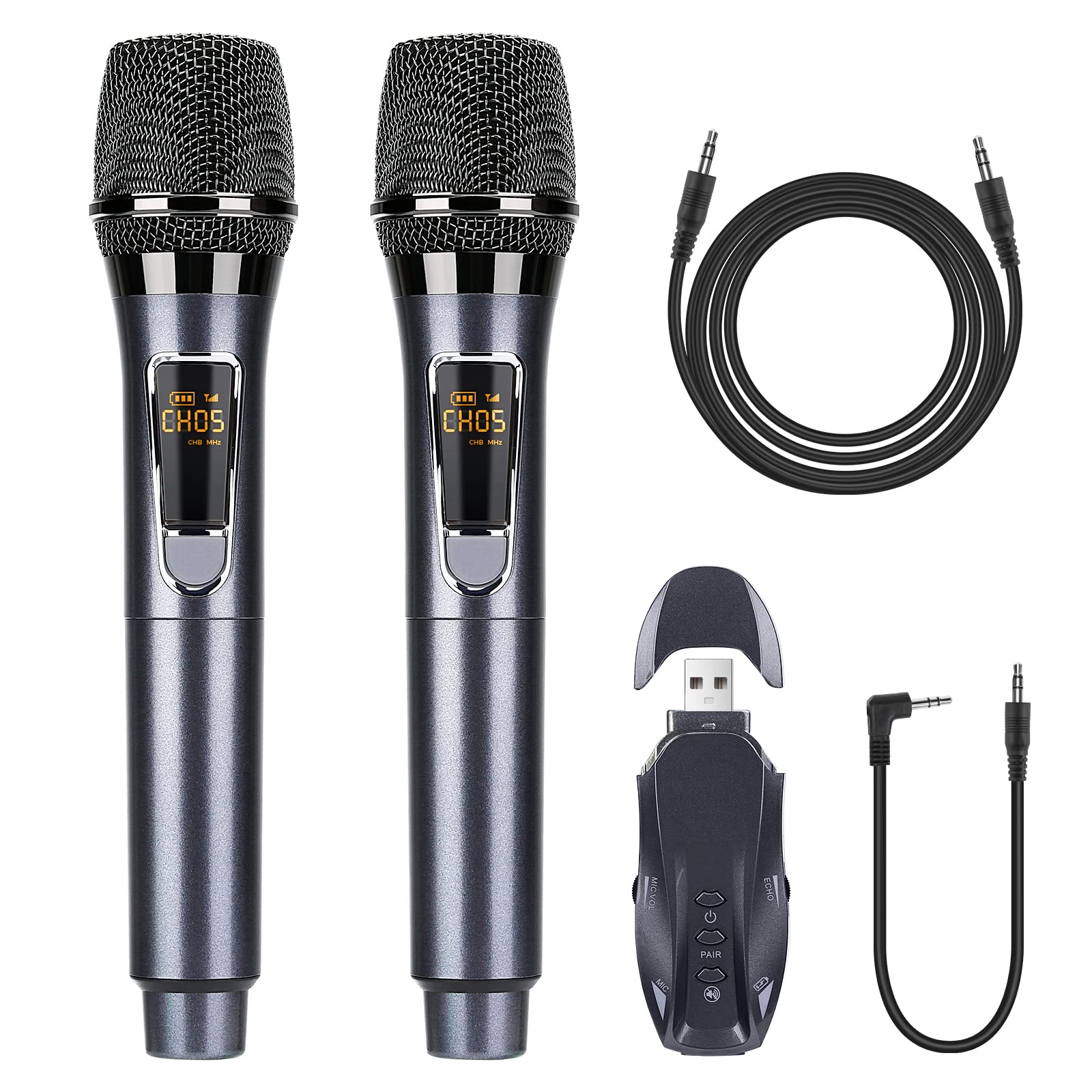 Asmuse Wireless Microphone, Metal UHF Handheld Dynamic Microphone System, Wireless Mic Dual Cordless with USB Rechargeable Receiver, Microphone for Karaoke, Church, Speech, Wedding, Party Singing