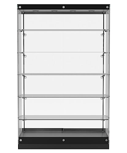 Displays2go 4’ Frameless Glass Showcases with LED Lighting, Adjustable Shelves, Locking, MDF – Black (GTAP48LEDB)