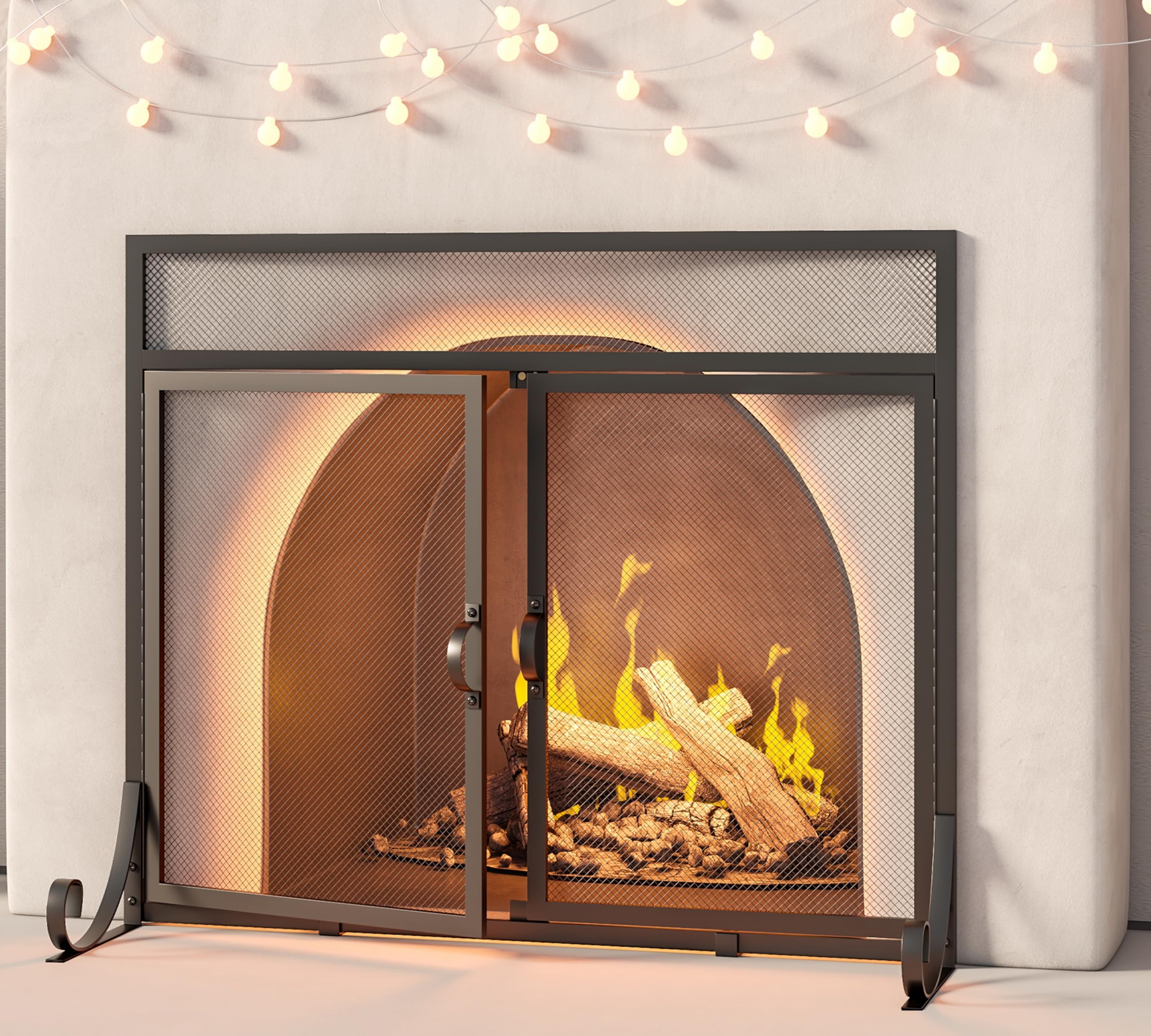Calidola Flat Fireplace Screen with Doors,Solid Wrought Iron Frame with Metal Mesh, Flat Panel Decorative Fireplace Screen with Modern Design, Free Standing Spark Guard