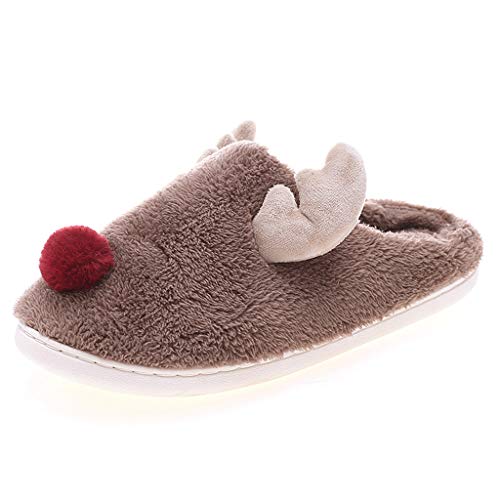 FraftO House Slippers for Men's Cute Cartoon Deer Plush Warm Non-Slip Cotton Shoes Indoor Light Walking Shoes Coffee