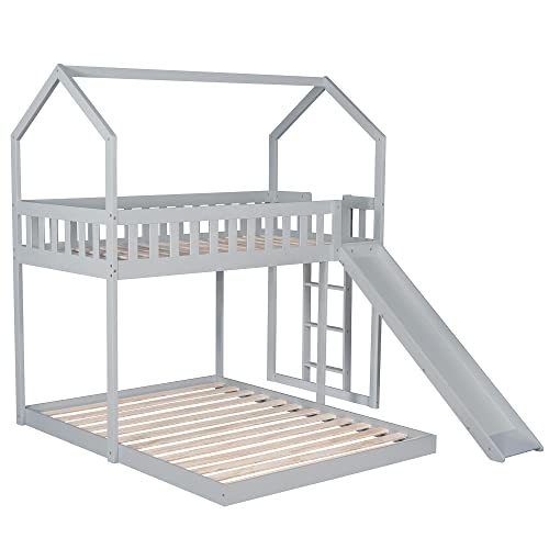 GLORHOME Twin Over Full House Bunk Bed, Detachable to Floor Bedframe and A Loftbed, with Slide, Built-in Ladder,Full-Length Guardrail for Kids Adults,Roof can be Decorated
