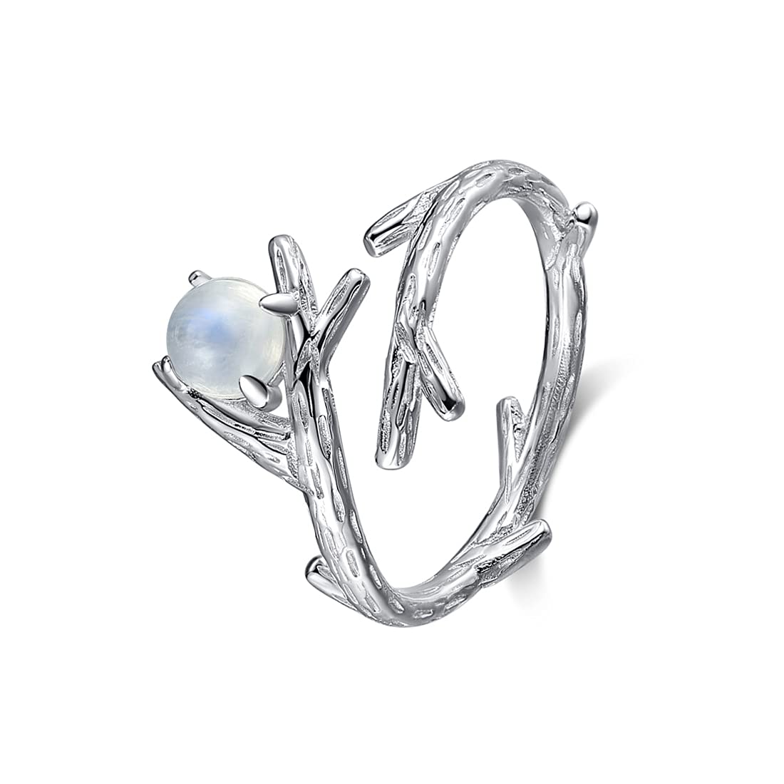 Angol Moonstone Rings Sterling Silver Adjustable Genuine Moonstone Ring with Irregular Branches for Birthday Anniversary Weeding Engagement for Women
