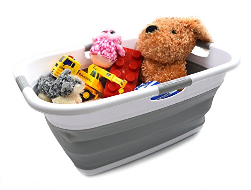 SAMMART 49L Collapsible 4 Handled Laundry Basket-Foldable Storage Container-Portable Washing Bin-Space Saving-Pet Bath Tub,Water capacity 37L (1, Grey), Size: 25.4 x 18.7 x 10.25 inches