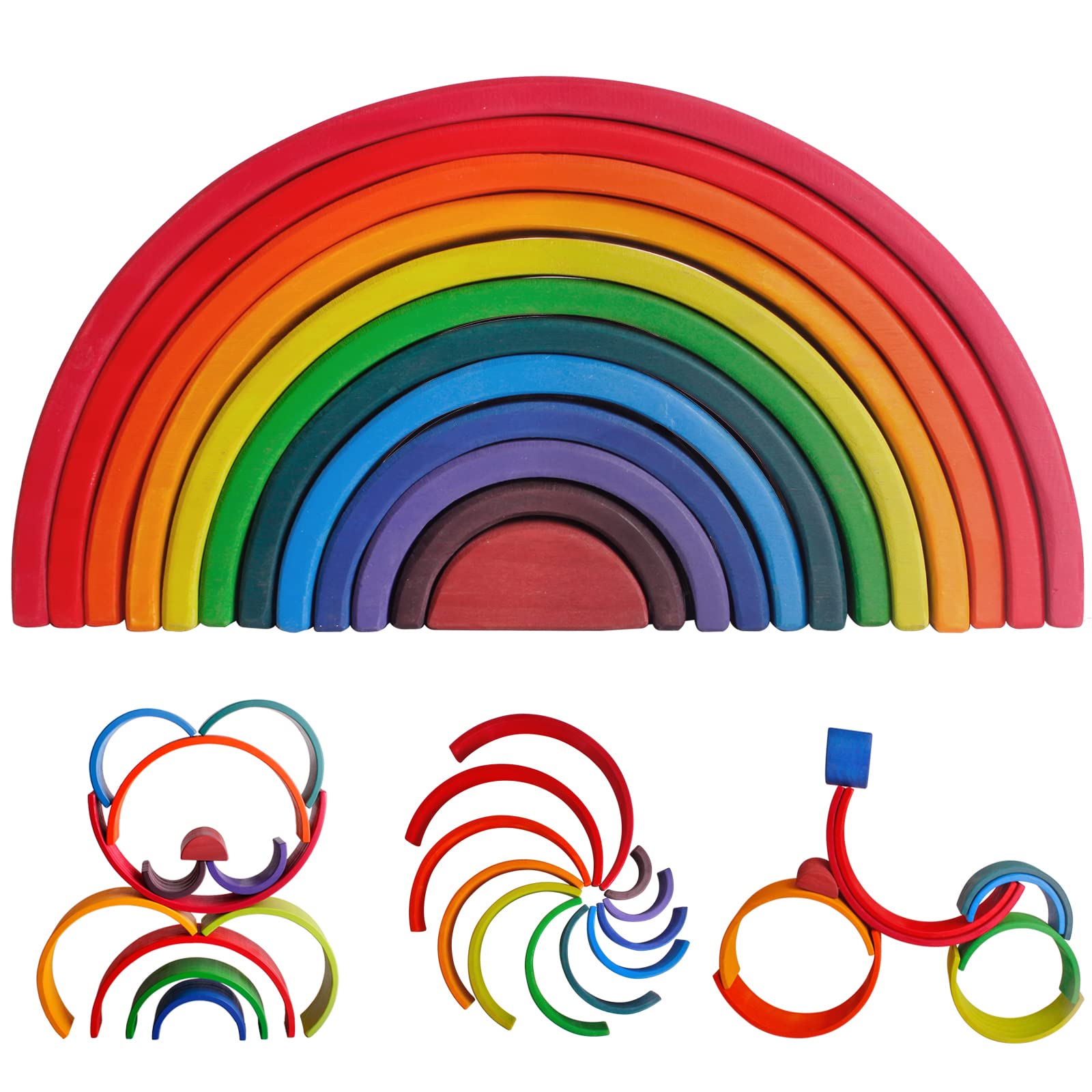 SHIERDU Wooden Rainbow Stacking Toy, 12-Piece Wooden Building Block Set, Wooden Building Block Nesting Puzzle, Early Childhood Matching Education and Learning Montessori Toys 3 4 5 6 Years Old