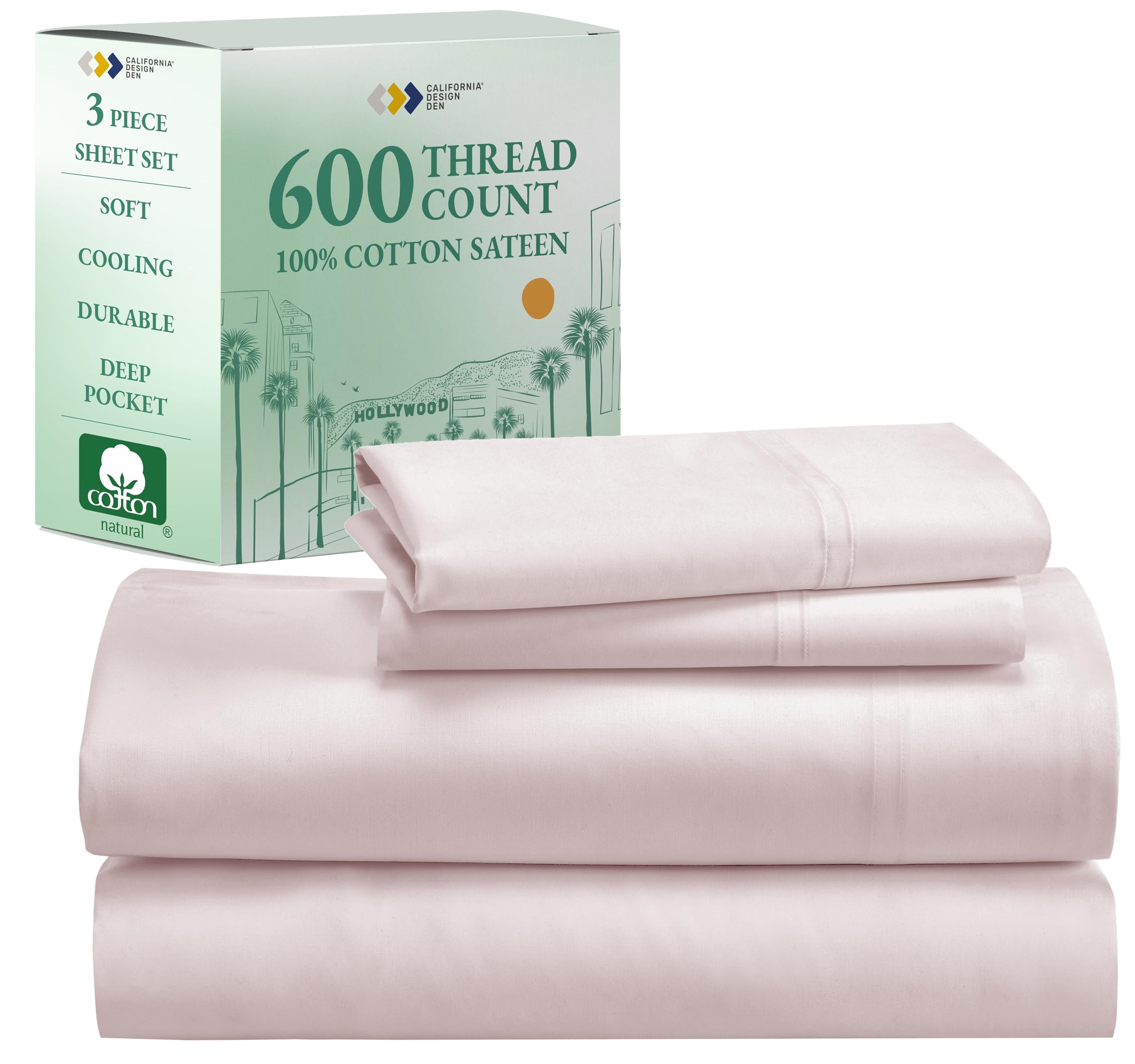 California Design Den 5-Star Hotel-Quality Twin Bed Sheets Cotton, 100% Cotton Sheet Set - 600 Thread Count Sateen with Deep Pockets (Blush Pink)