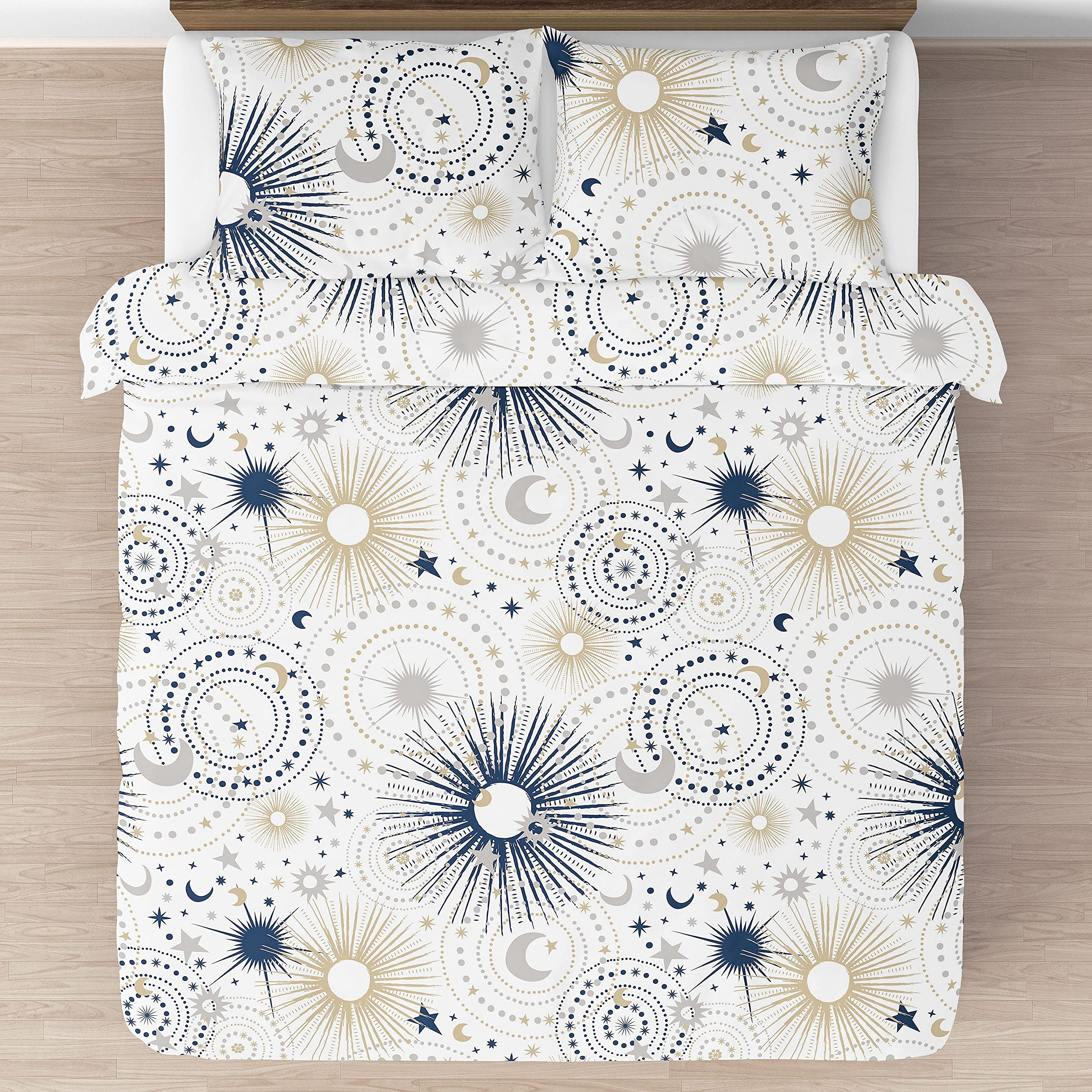 Sweet Jojo Designs Star and Moon Boy or Girl Full/Queen Bedding Set Kids Comforter Childrens Size - 3 Pieces - Navy Blue, Gold, and Grey Celestial Sky Stars Gender Neutral Unisex