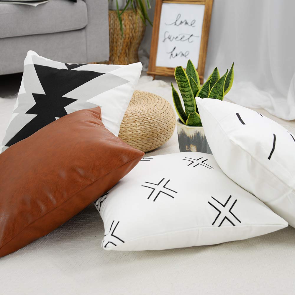 AENEY Modern Pillow Covers 18x18 inch for Couch Set of 4 100% Cotton Boho Throw Pillows for Modern Farmhouse Decor Decorative Pillow Covers Modern Decorations Leather Throw Pillows