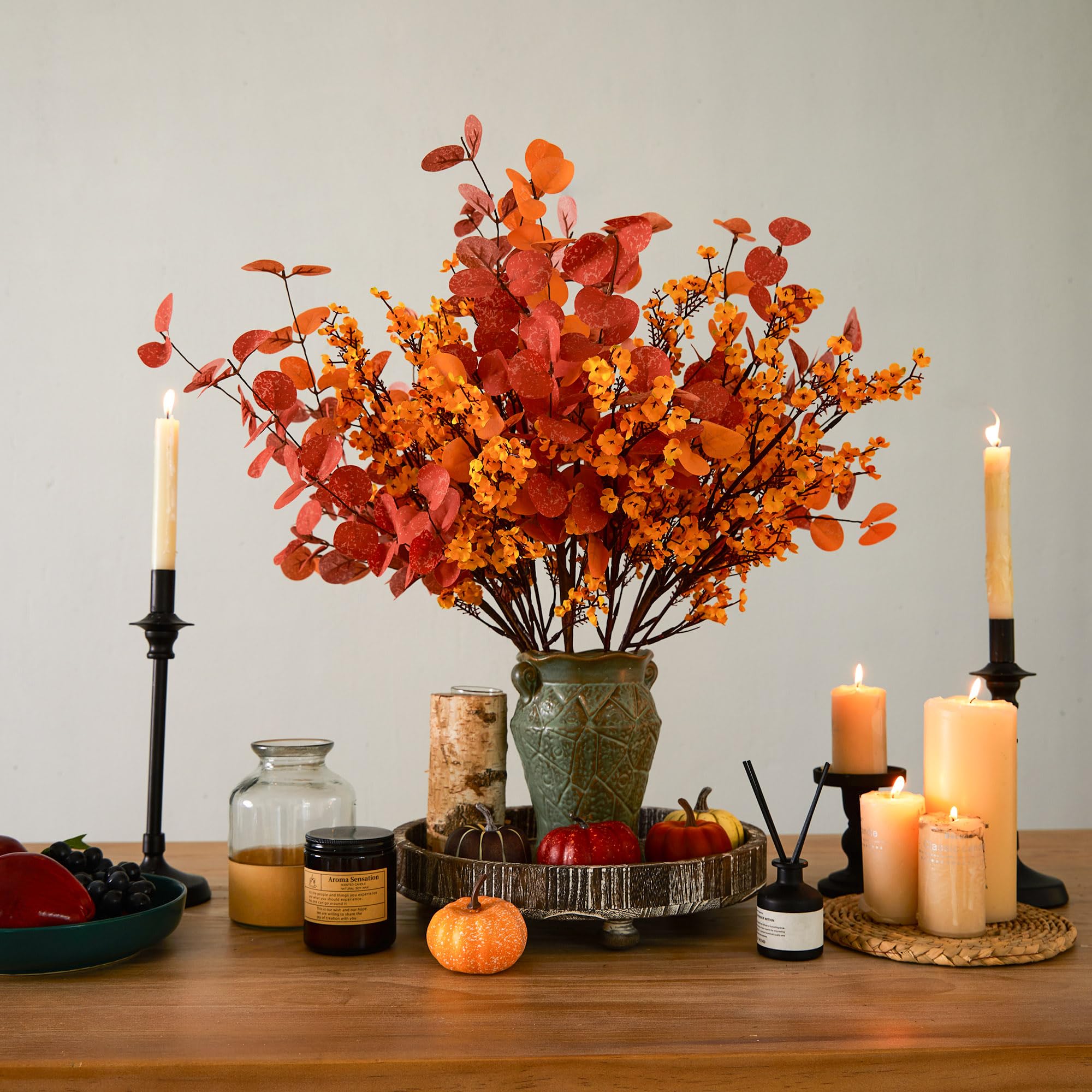 Anna's Whimsy 8 Pcs Artificial Eucalyptus Stems and Fake Babys Breath Flower Fall Decorations Fall Leaves for Fall Home Decor