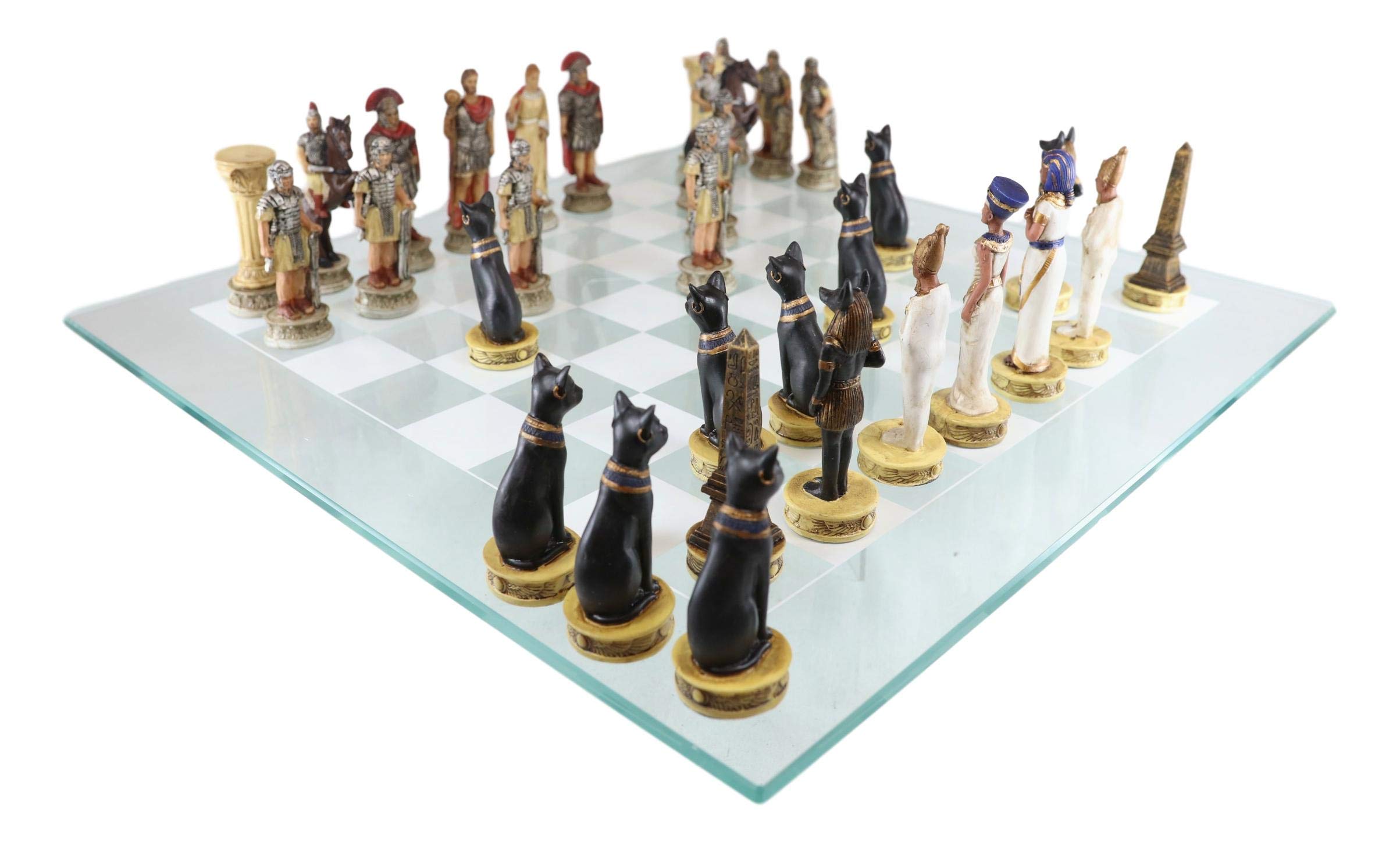 Ebros Gift Historical Themed Chess Set Egyptian Ptolemaic Pharaoh Army VS Augustus Caesar Roman Empire Centurions Resin Sculpted Chess Pieces with Checker Frosted Glass Board Gaming Set