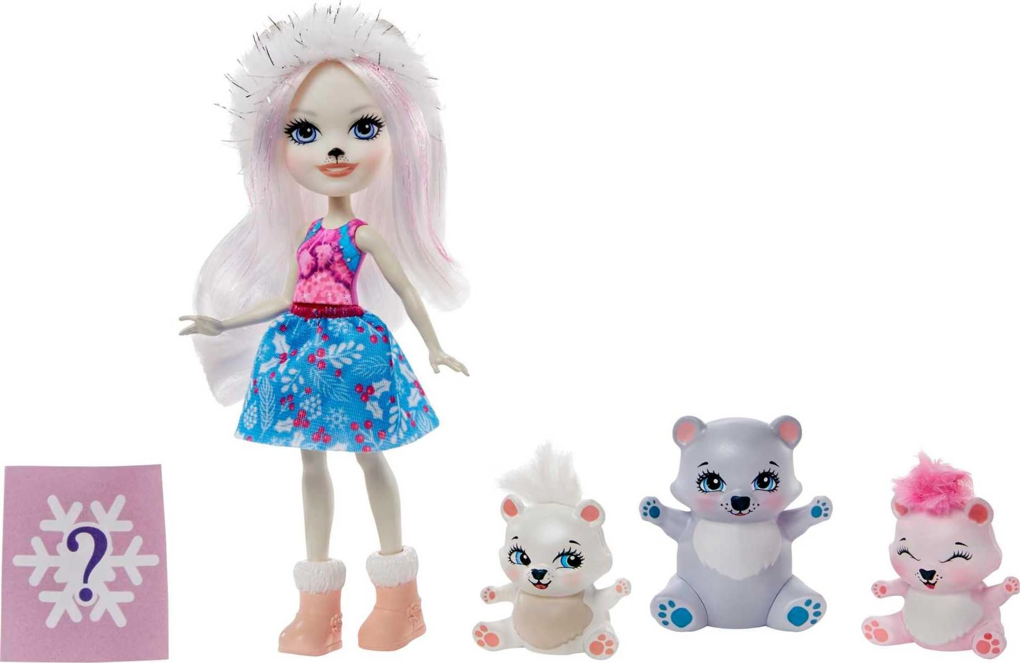 Enchantimals Family Set with Pristina Polar Bear Small Doll & 3 Animal Sibling Figures, Snowy Valley Toy Collection