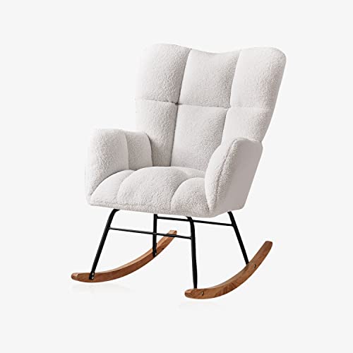 Ljirnt Nursery Rocking Chair, Teddy Fabric Upholstered Glider Rocker with High Backrest, Modern Rocking Accent Chairs Comfy Side Chair for Nursery, Bedroom, Living Room (Ivory)