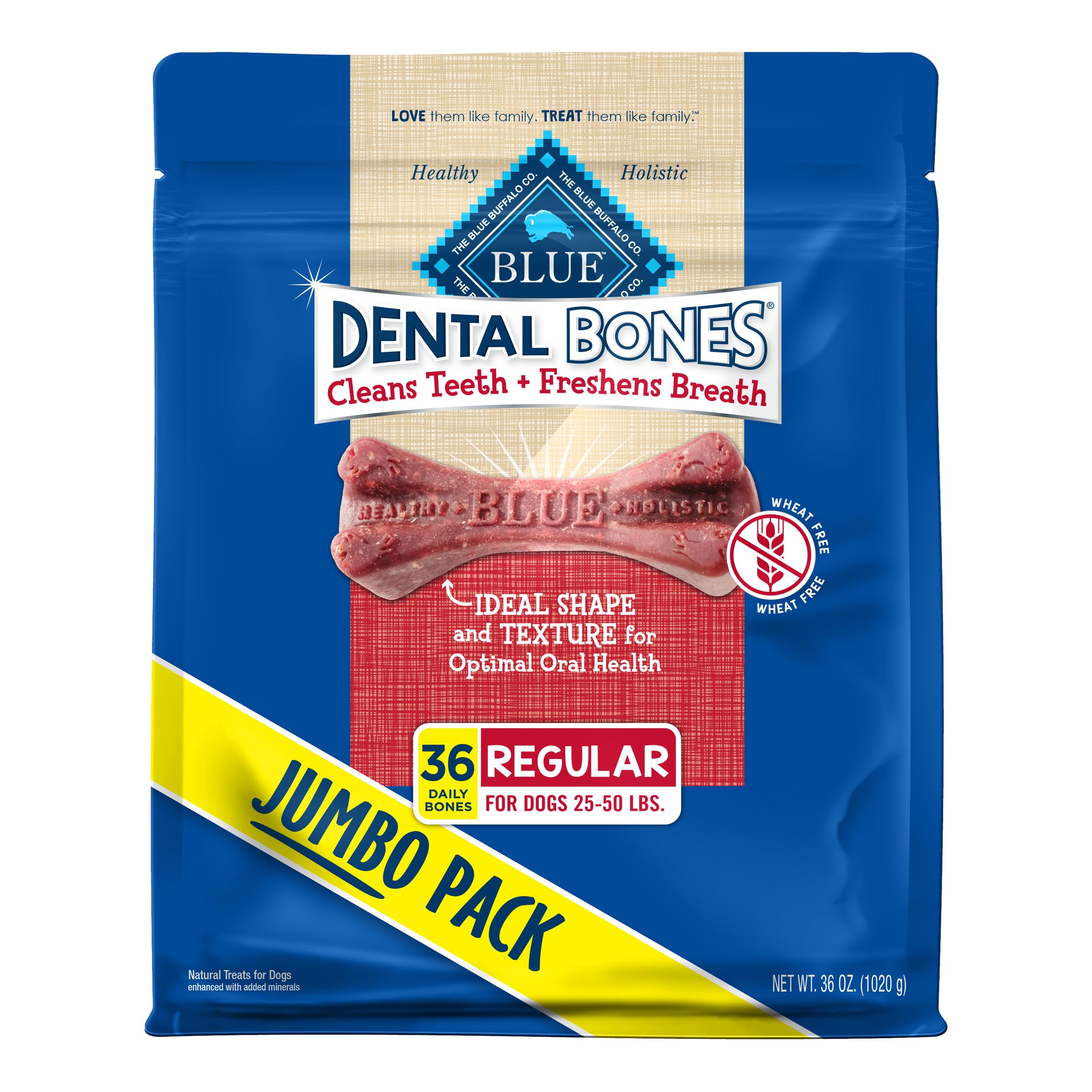 Blue Buffalo Dental Bones Regular Natural Dental Chew Dog Treats Bag Jumbo Pack
