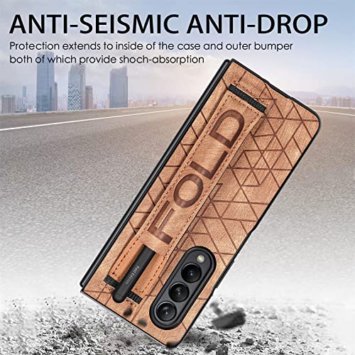 EAXER for Samsung Galaxy Z Fold 3 5G Case, Luxury Fashion Leather Case Cover with Wristband Strap & S Pen Holder Folding PU Leather Phone Case (Brown)