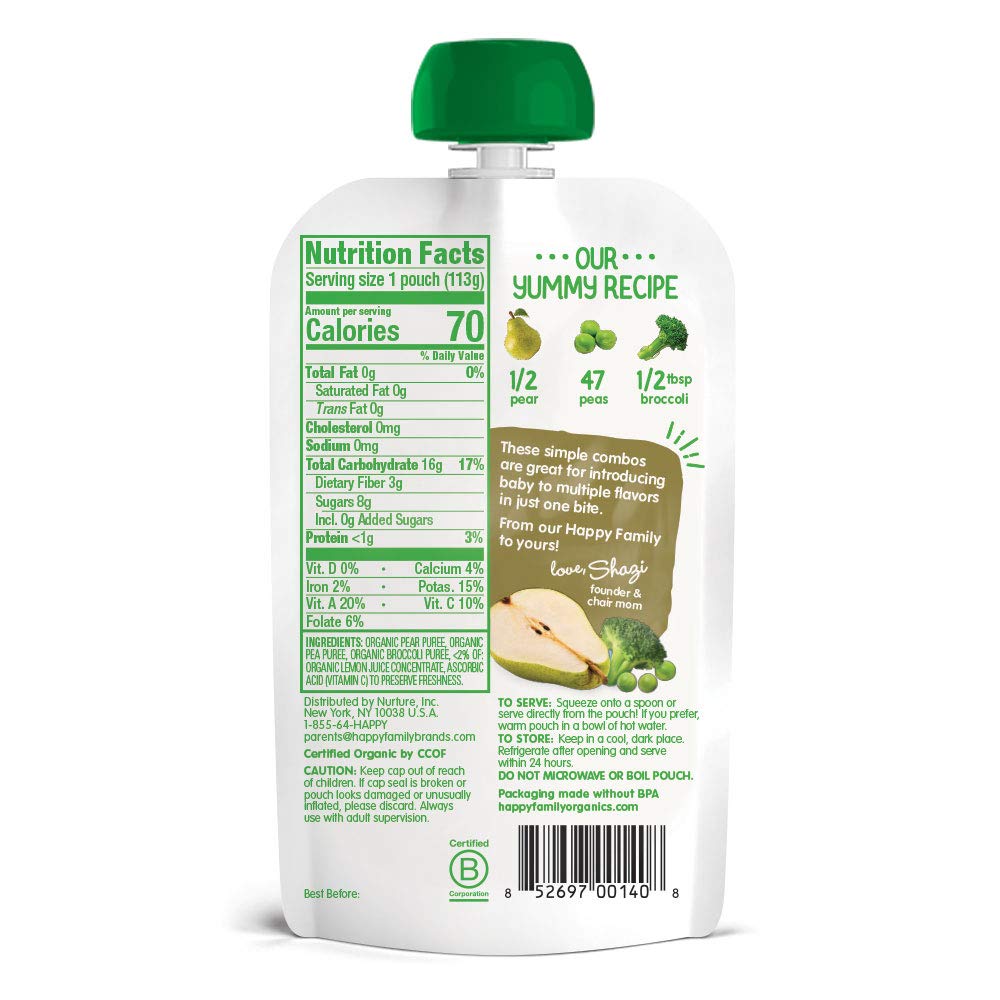 Happy Baby Organic Stage 2 Baby Food, Simple Combos, Broccoli, Pears & Peas, 4 Ounce (Pack of 16), 64 Ounce