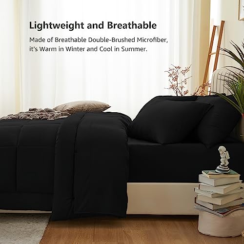 CozyLux Queen Comforter Set - 7 Pieces Bed in a Bag Set Black, Bedding Sets Queen with All Season Quilted Comforter, Flat Sheet, Fitted Sheet, Pillowcases, Black, Queen