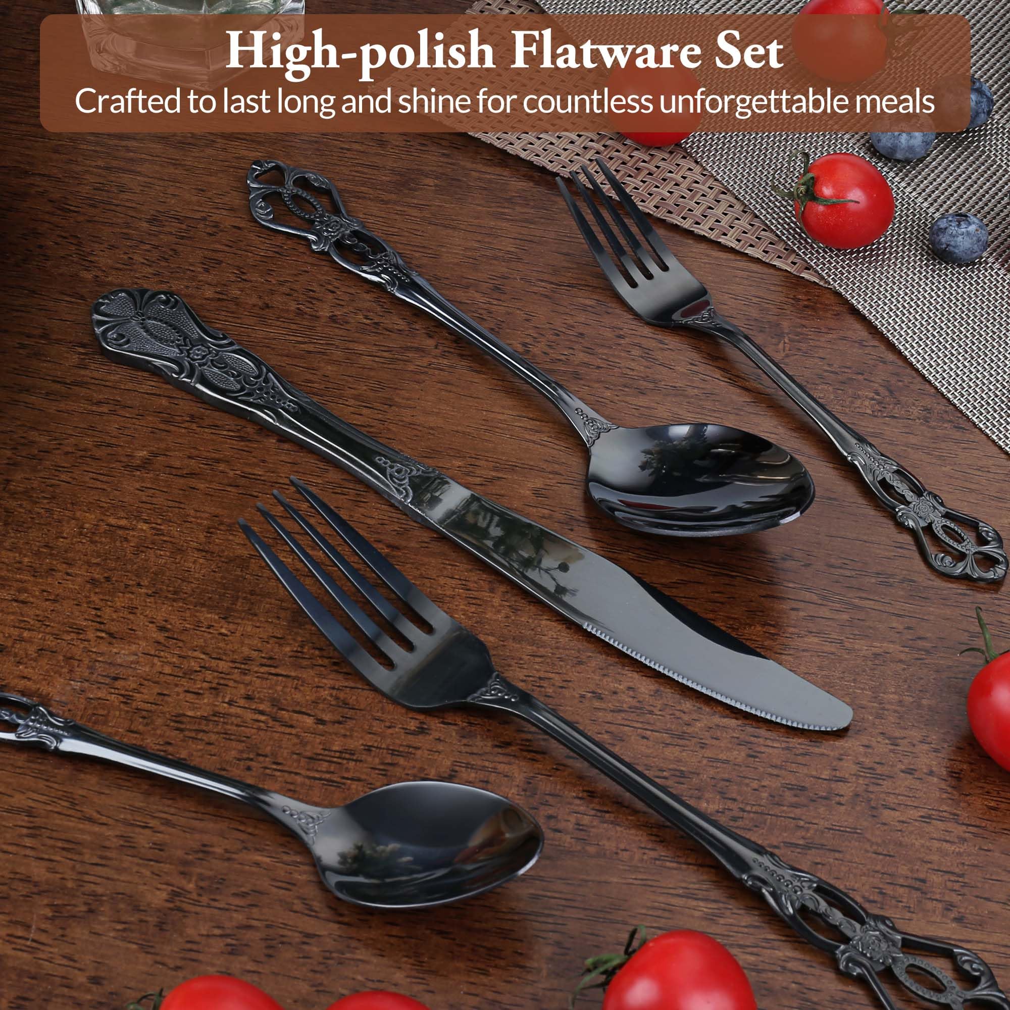 PUREAIN Silverware Set, 30 Pieces Retro Royal Silverware Set for 6, Anti-rust Stainless Steel Flatware Set Including Fork Spoon and Knife, Dishwasher Safe, Black