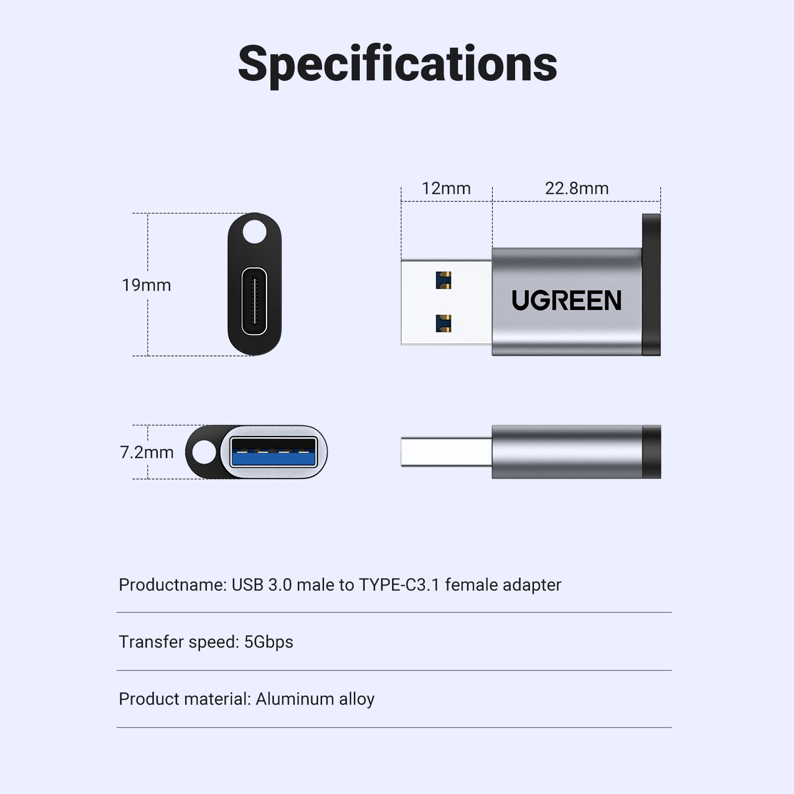 UGREEN 10Gbps USB C Female to USB Male Adapter Type C to USB A Charger Cable Converter Compatible with Apple Watch iPhone 15 14 13 AirPods 3 MacBook Samsung Galaxy Google Pixel etc Gray