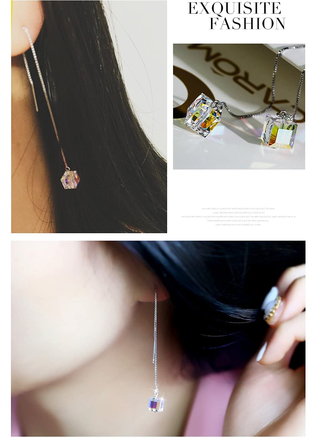 AllenCOCO 925 Sterling Silver SWAROVSKI Crystals Long Tassel Threader Dangle Drop Earrings Women Wife Cube Hypoallergenic Dangle Earrings