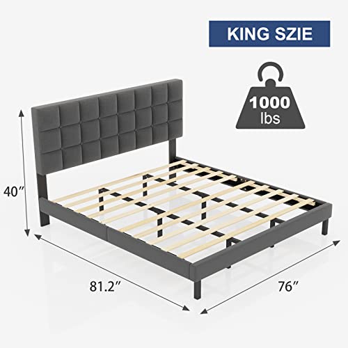 Molblly King Bed Frame Upholstered Platform with Headboard and Strong Wooden Slats,Non-Slip and Noise-Free,No Box Spring Needed, Easy Assembly,Dark Gray