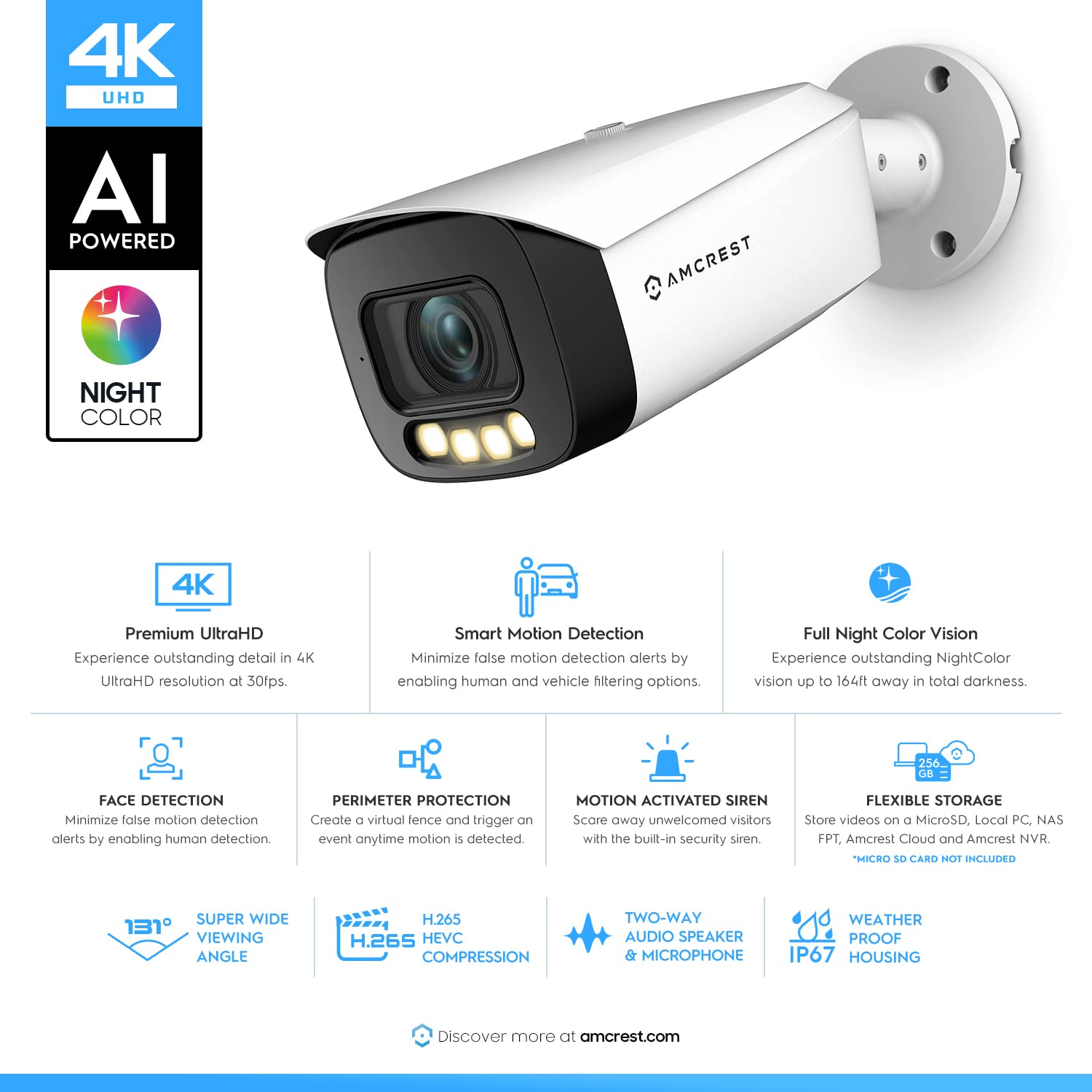 Amcrest 4K AI Bullet IP PoE Camera, 4K@30fps, 164ft Night Color Vision, Security IP Camera Outdoor, Face Detection, Human & Vehicle Detection, Built-in Siren Alarm, Built in Mic IP8M-TB2886EW-AI