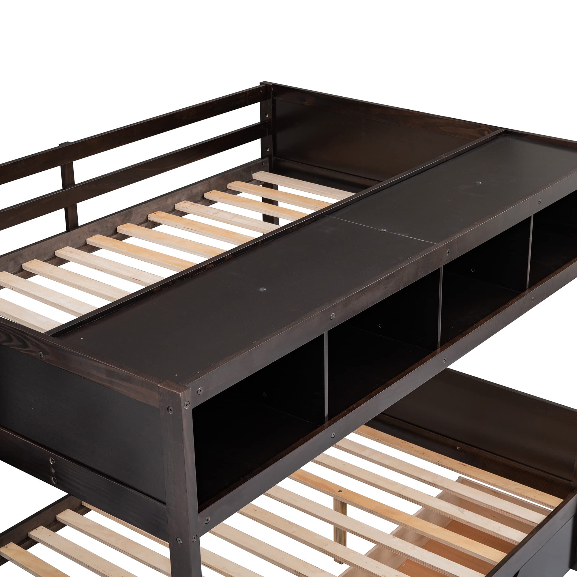 Bunk Bed Twin Over Full with Storage Staircase and 2 Drawers, Wooden Bunk Bed Frame with 4 Storage Shelves for Kids Boys Girls Teens (Espresso@028)