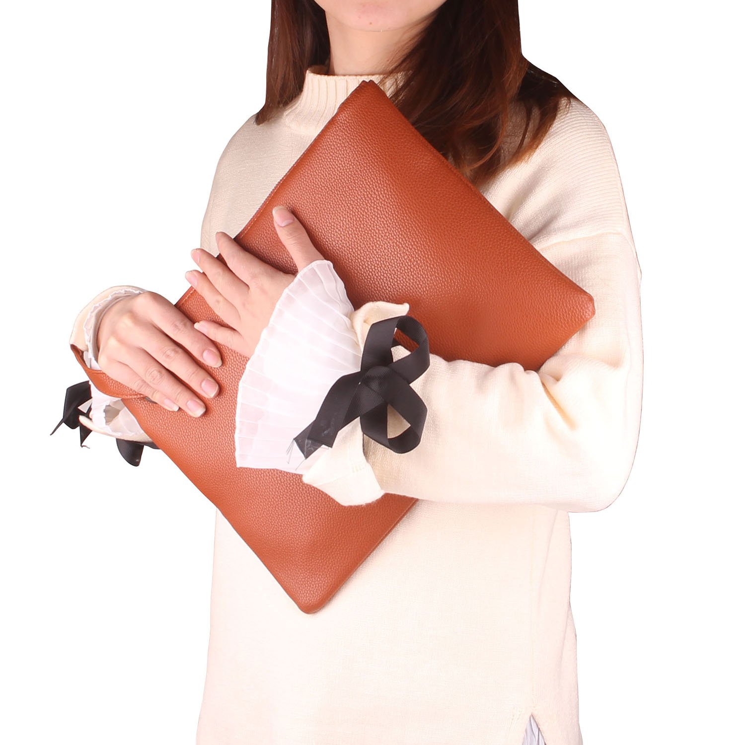 Aladin Oversized Clutch Bag Purse, Womens Large leather Evening Wristlet Handbag (Brown)
