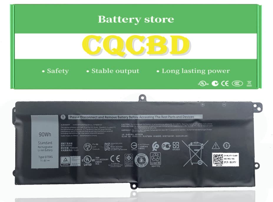 CQCBD DT9XG 07PWKV 0KJYFY Battery for Dell Alienware Area-51m R1 R2 D1968W D1968B D1969PW D1733B D1746W D1735DB D1733PB D1766W D1748DW D1746B D1766B D1741DB Series (11.4V 90Wh/7500mAh)