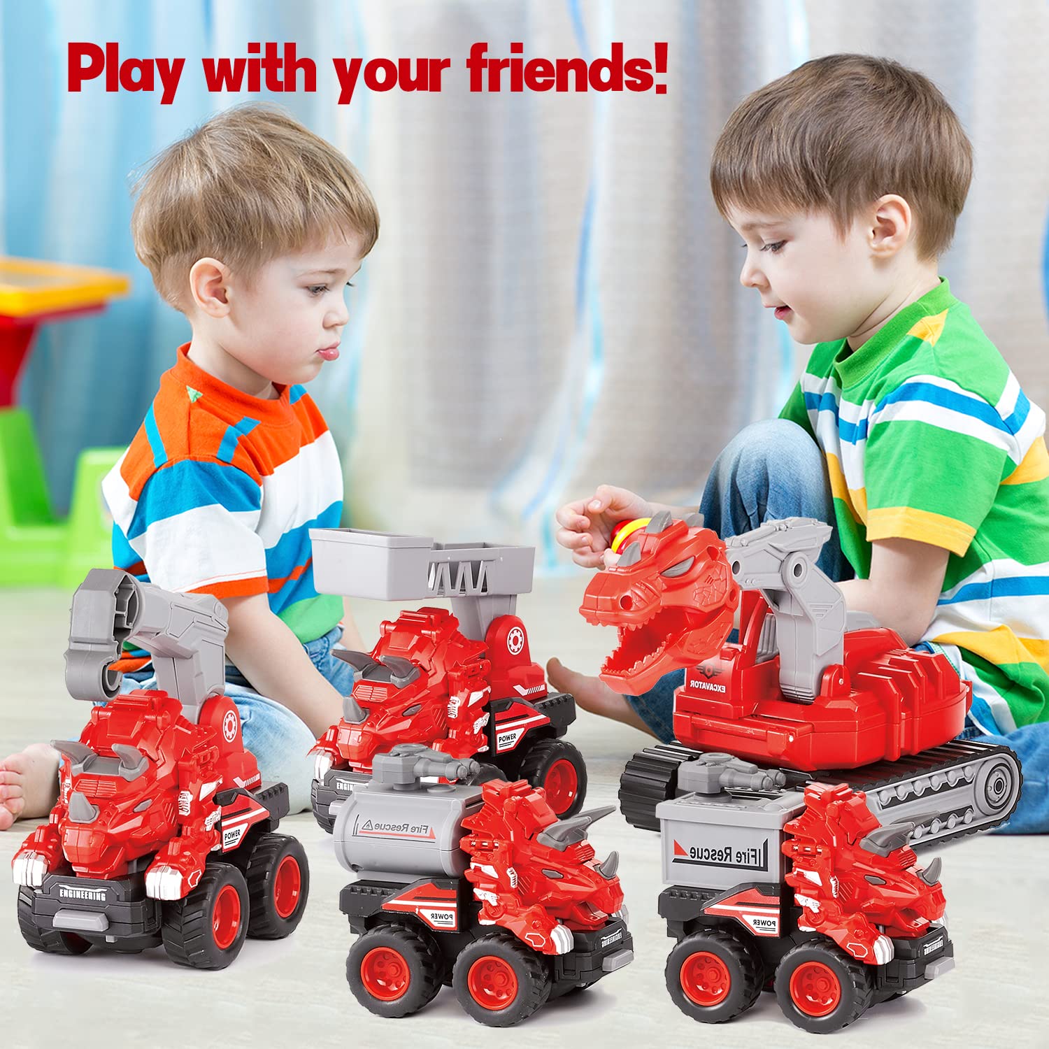 Asoxt Fire Fun for Little Firemen: Toddler Robot Fire Trucks, Transforming Robots STEM Toys,Easy DIY Assembly Function,5 in 1 Educational Toys