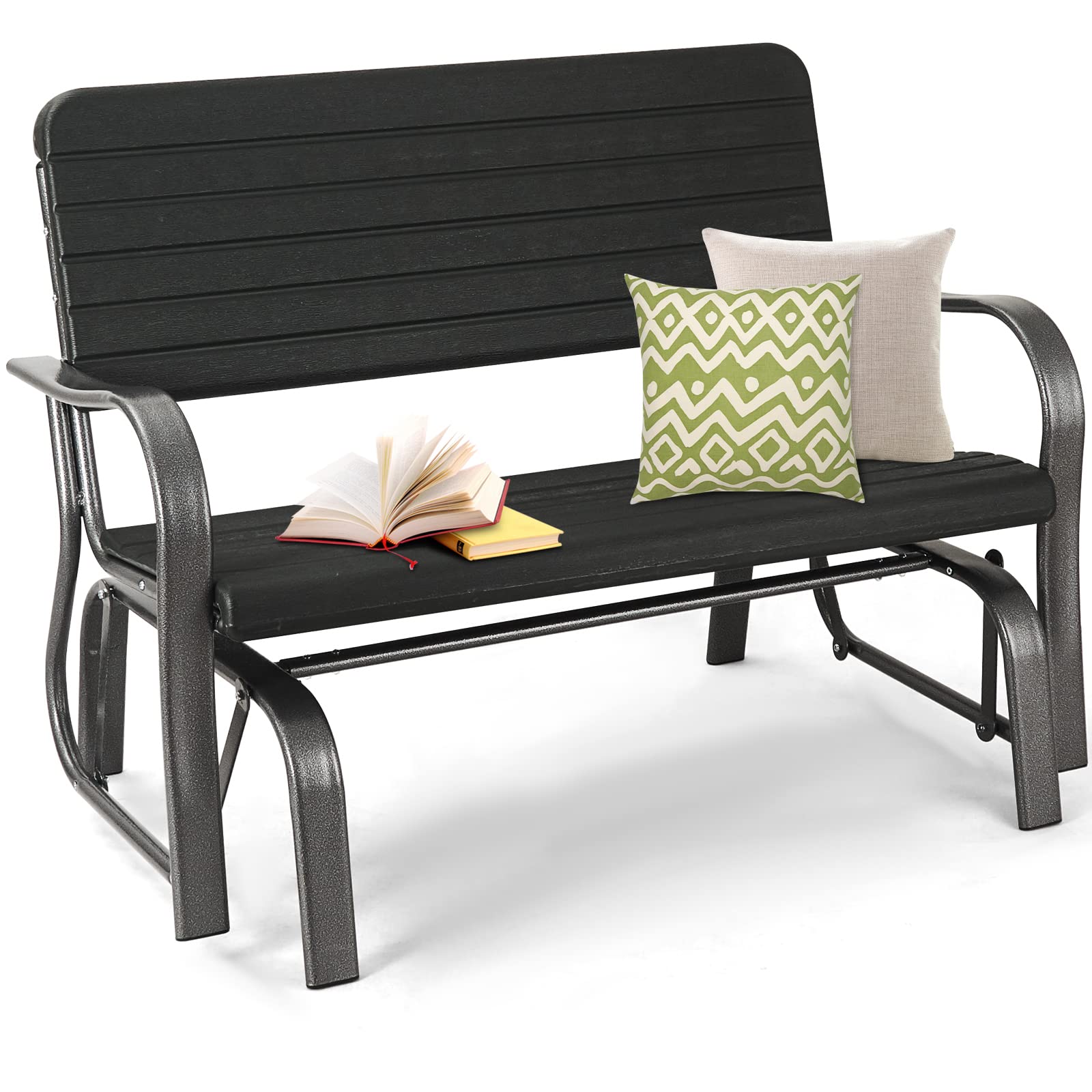 Tangkula Outdoor Glider Bench, Porch Glider Loveseat Swing Bench with w/Steel Frame, 2-Seat Rocking Chair for Porch, Garden, Backyard, Lawn (Dark Green)