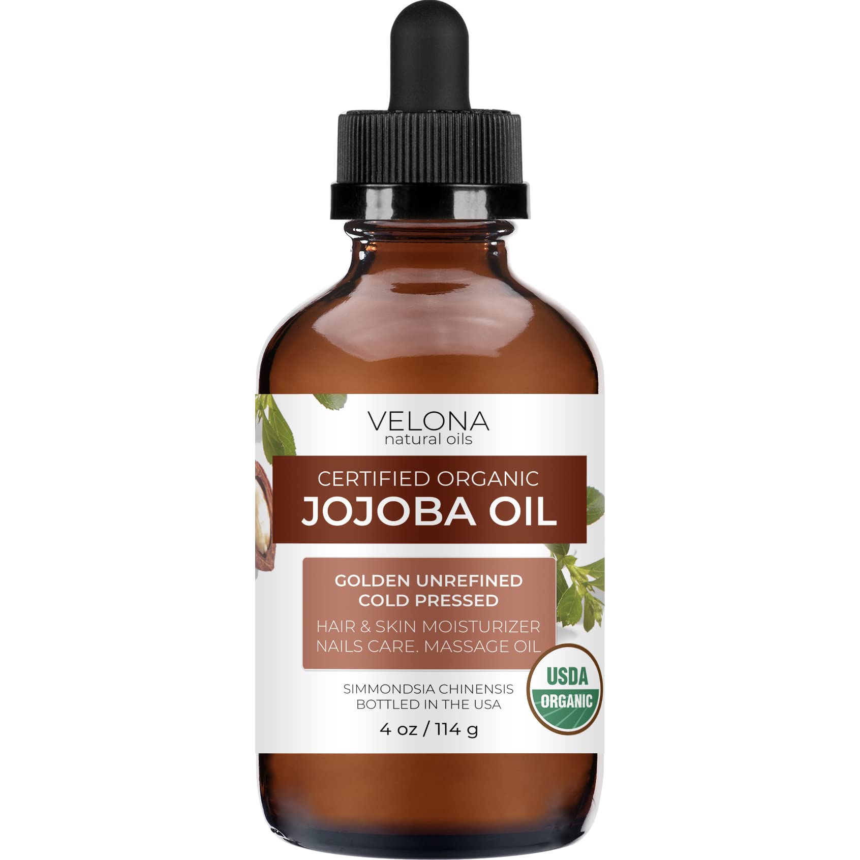 velona Jojoba Oil USDA Certified Organic - 4 fl oz (With Dropper) | Golden, Unrefined, Cold Pressed | Hexane Free