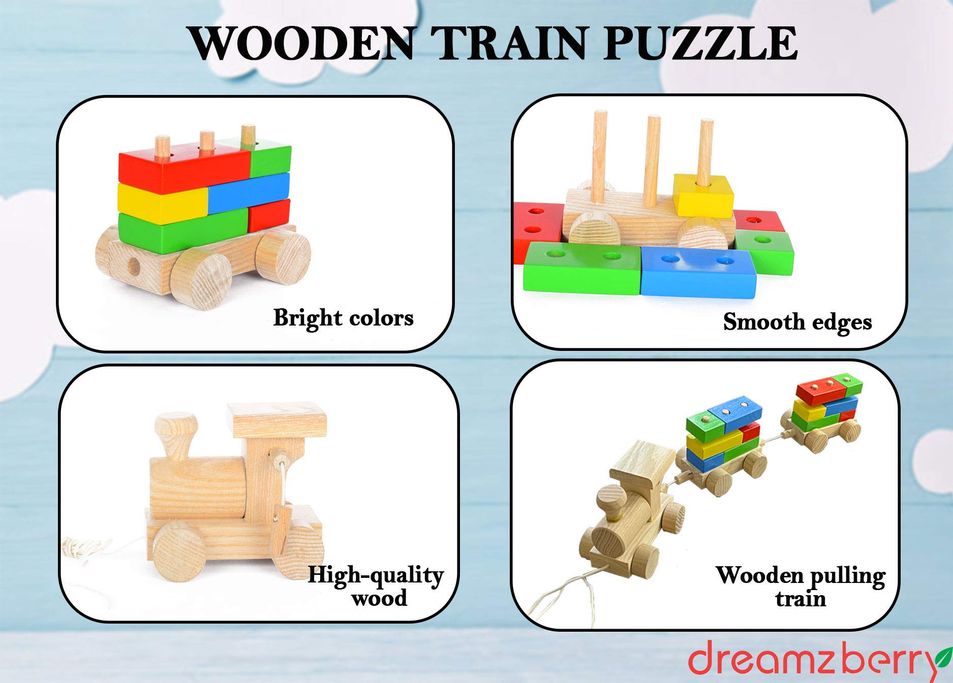 Dreamzberry Wooden Pulling Block Toy Train Construction Vehicle, Educational Toys for Home Learning Kindergarten Motor Skills, Imagination Development Puzzle Preschool Children Toy Set for Kids Age 3+