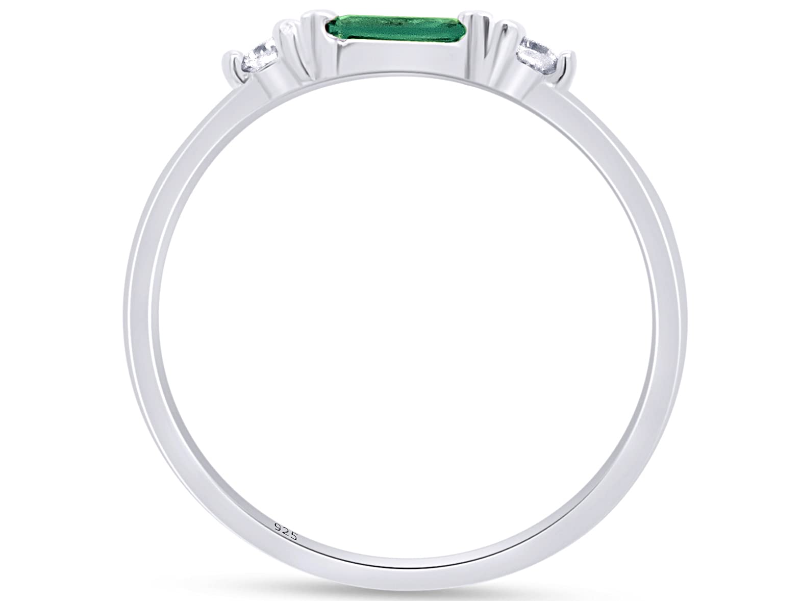 AFFY Baguette Cut Simulated Emerald And White Cubic Zirconia In 14K White Gold Plated 925 Sterling Silver Three Stone Design Bridal Engagement Wedding Ring Jewelry For Women Size -7