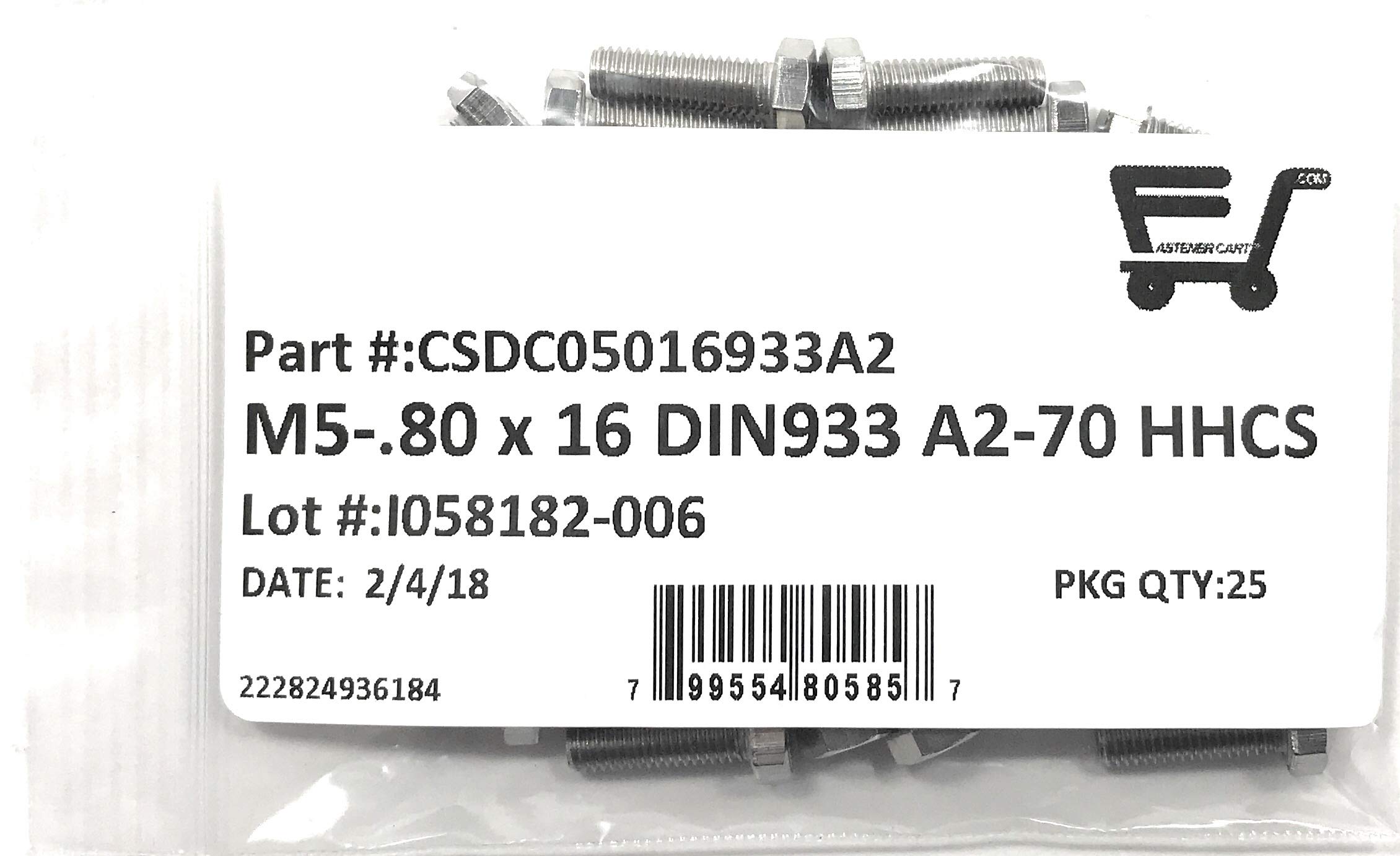 M5-.80 X 16 Hex Head Cap Screw Hex Bolts DIN933 (M5x16) Full Thread A2-70 Stainless Steel (25 Pieces)
