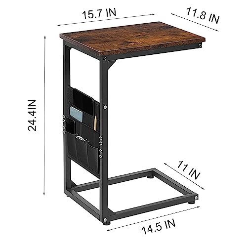 ECO-WILL C Shaped End Table for Sofa,Small Narrow Side Table with Storage Bag for Small Spaces,Couch Table with Metal Frame for Living Room, Bedroom, Bedside, Rustic Brown and Black. (1)