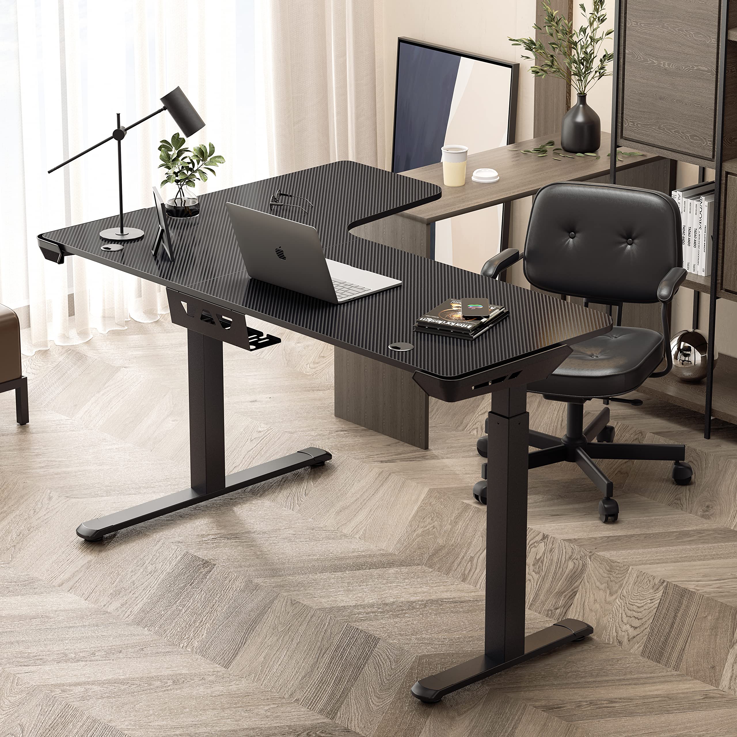 EE EUREKA ERGONOMIC L Shaped Standing Desk, 61" Electric Adjustable Height Gaming Desk, Sit to Stand Desk Home Office Corner Computer Desk Large PC Desktop Workstation with Dual Motor,Black/Right
